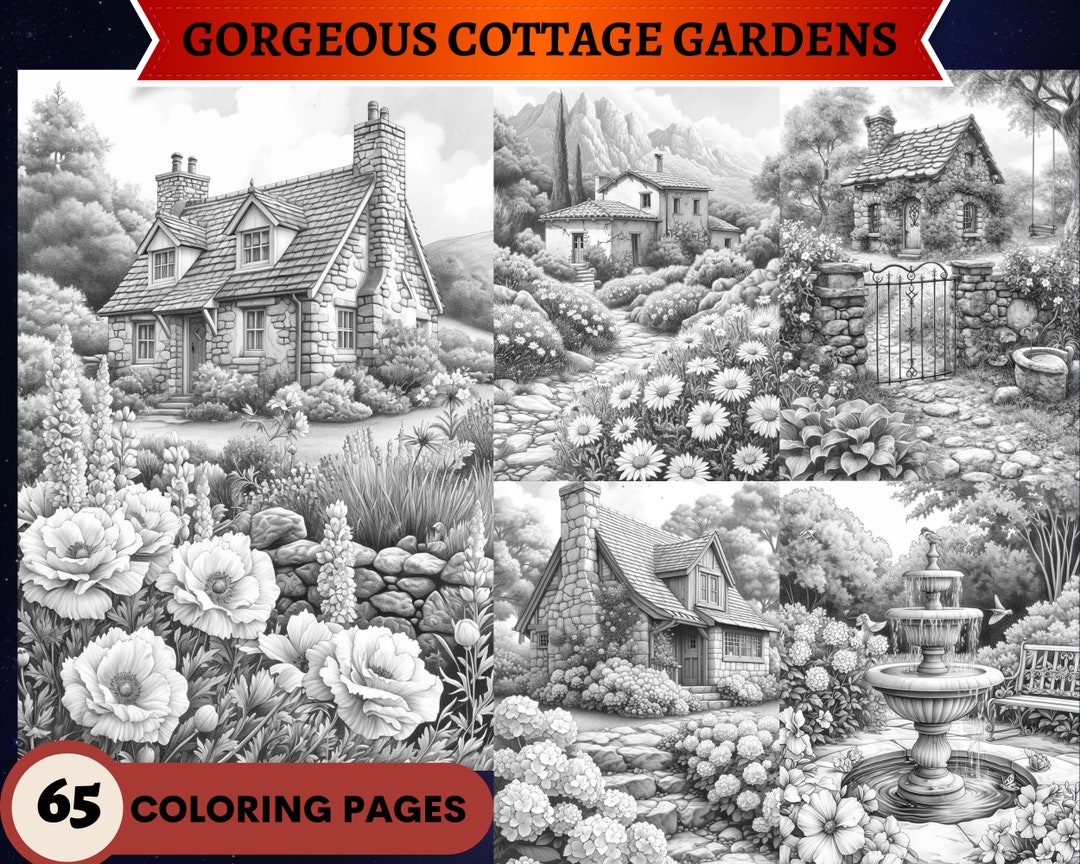 60 Gorgeous Cottage Gardens Grayscale Coloring Pages Set 1 Printable ...