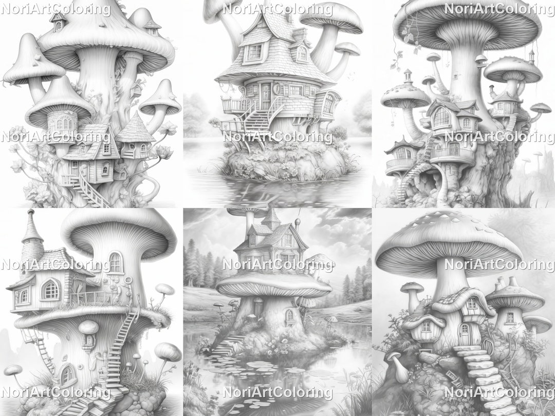 30 Mushroom Fairy Houses Set 2 Coloring Pages | Printable Adult ...