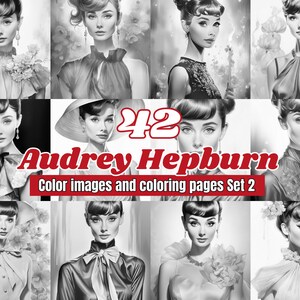 42 Audrey Hepburn Color Clipart & Grayscale Coloring Pages Set 2 ...