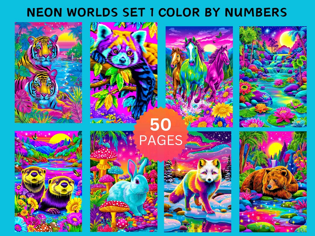 50 Neon Worlds Set 1 Color by Number Pages, Digital Coloring Pages ...