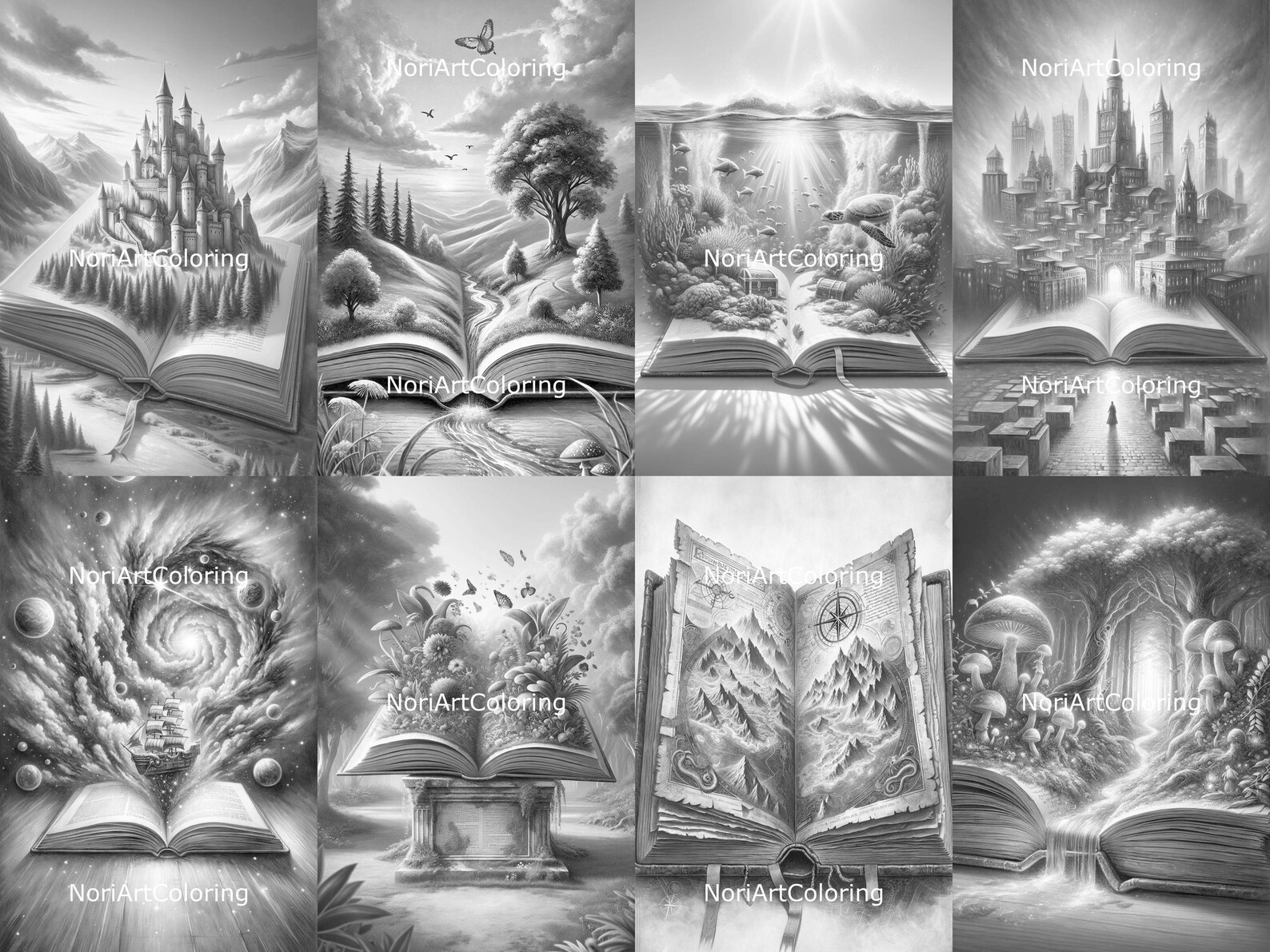 48 Magic of Books Grayscale Coloring Pages | Mystical Creatures | Book ...