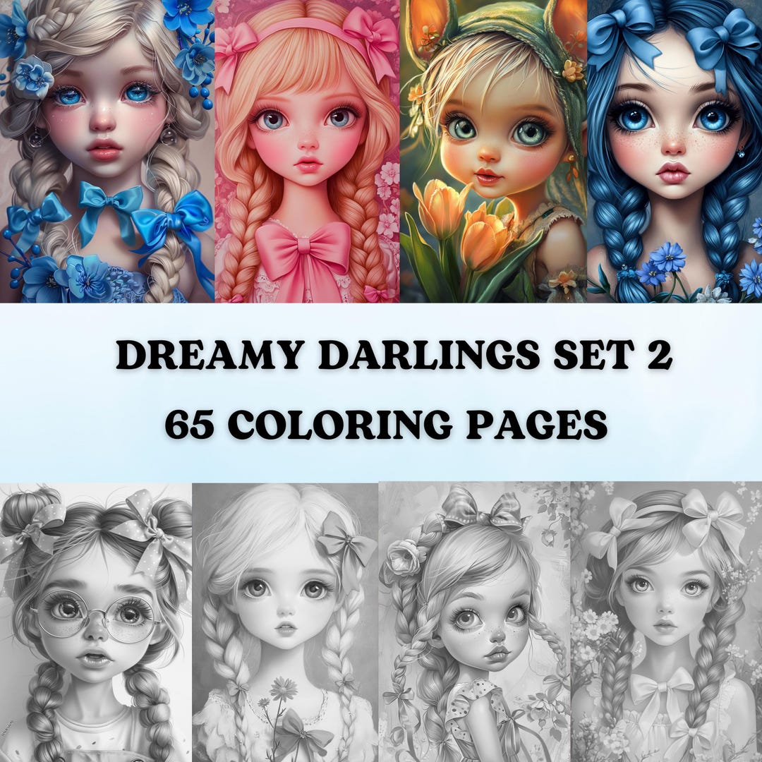 65 Dreamy Darling Girls Set 2 Grayscale Coloring Pages | Printable ...