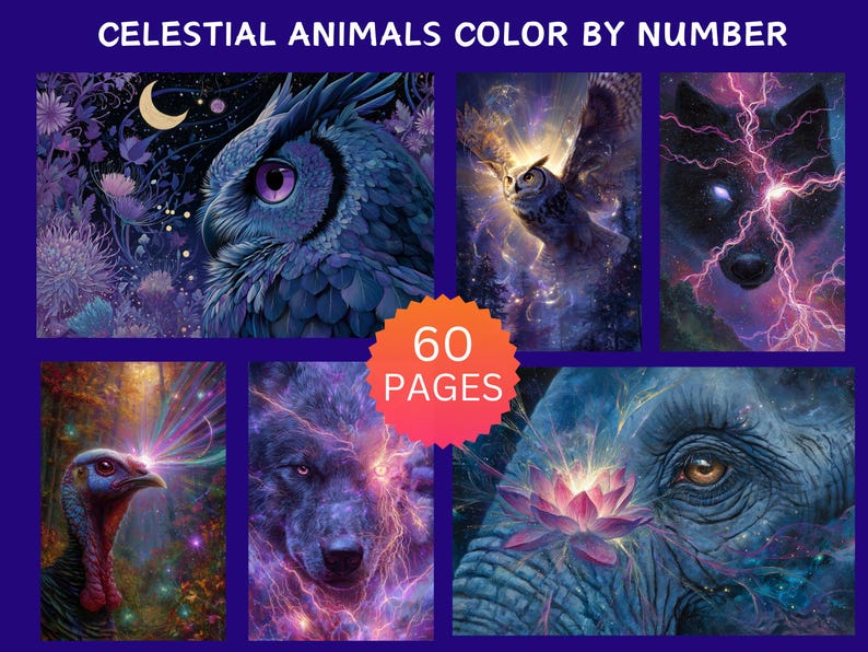 60 Celestial Animals Color by Number Pages | Digital Coloring Book ...