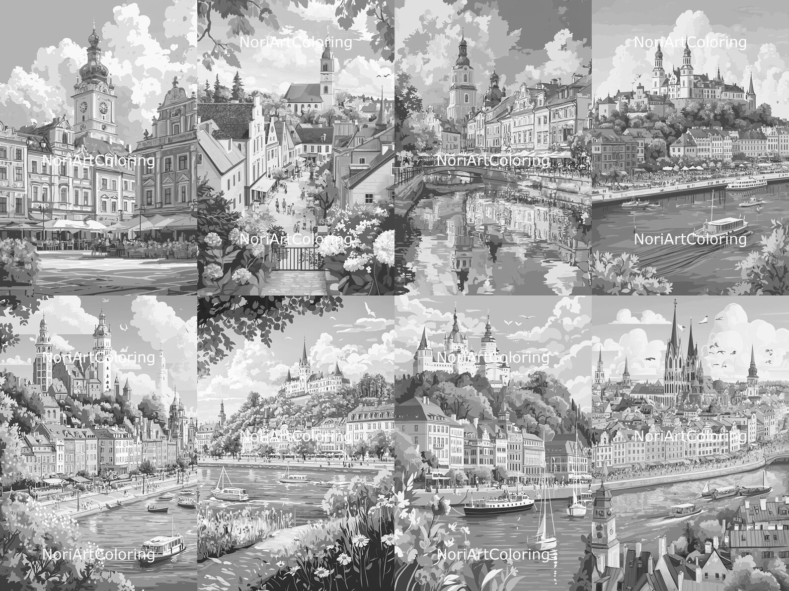 58 Travel Posters Grayscale Adults Coloring Pages | Landscapes ...