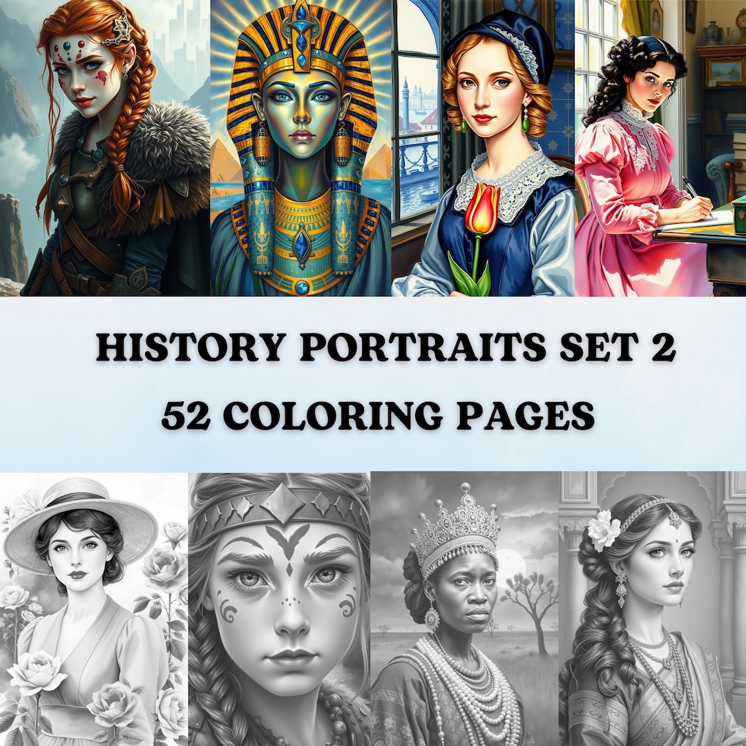 52 History Portraits 2 Grayscale Coloring Pages | Printable Adult Kids ...