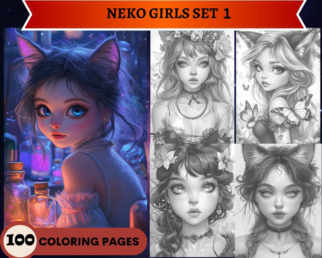 100 Neko Girls Set 1 Grayscale Coloring Pages | Printable Adult ...