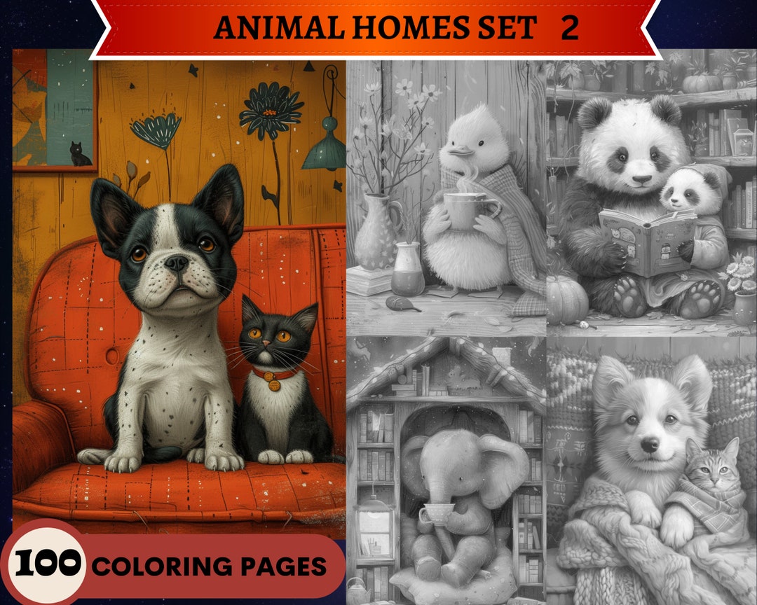 100 Animal Homes Set 2 Grayscale Coloring Pages | Printable Adult Kids ...