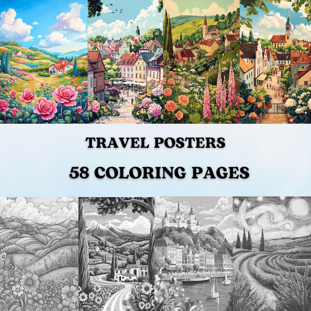 58 Travel Posters Grayscale Adults Coloring Pages | Landscapes ...