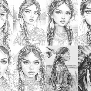 58 Native American Women and Men Grayscale Coloring Pages | Digital ...