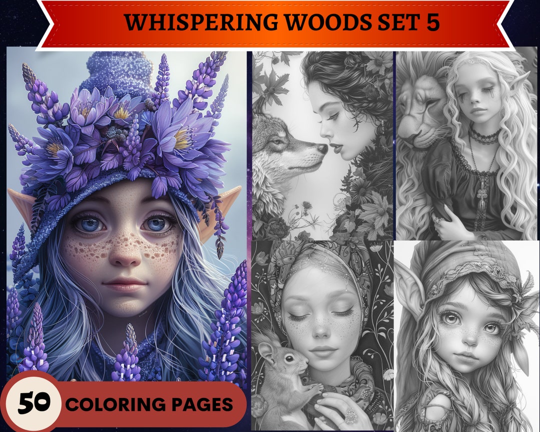 50 Whispering Woods Set 5: Elves and Enchanted Beings Coloring Pages ...