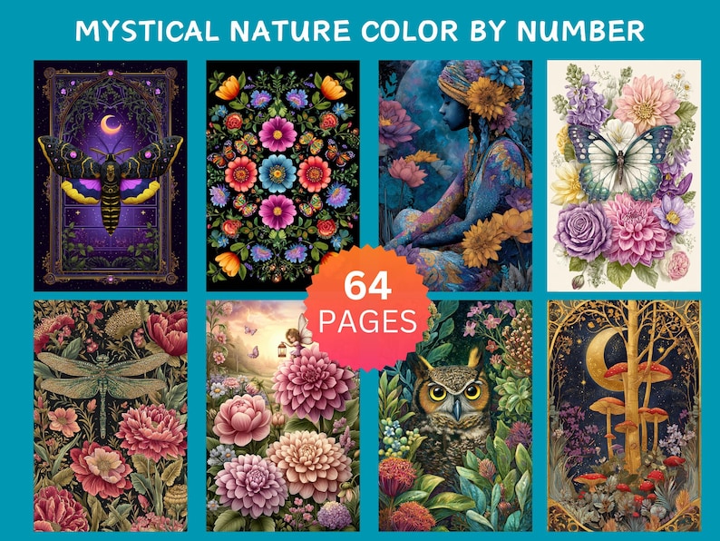 64 Mystical Nature Color by Number Pages, Digital Coloring Pages, Paint ...