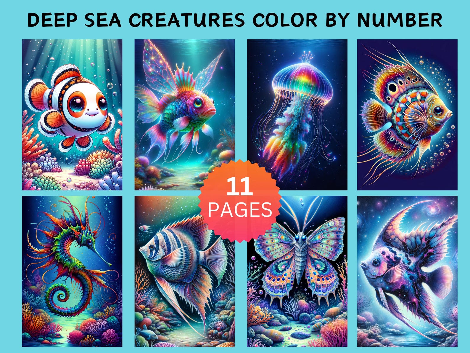 11 Deep Sea Creatures Color by Number Pages, Digital Coloring Pages ...