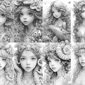 50 Mermaids Set 2 Grayscale Coloring Pages | Printable Adult Kids ...