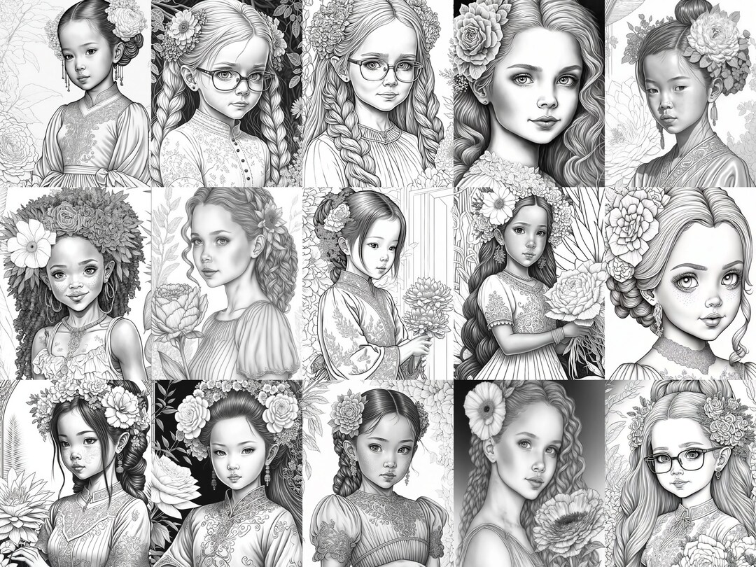 15 Grayscale Beautiful Little Girls With Flowers Coloring Pages Vol 4 ...