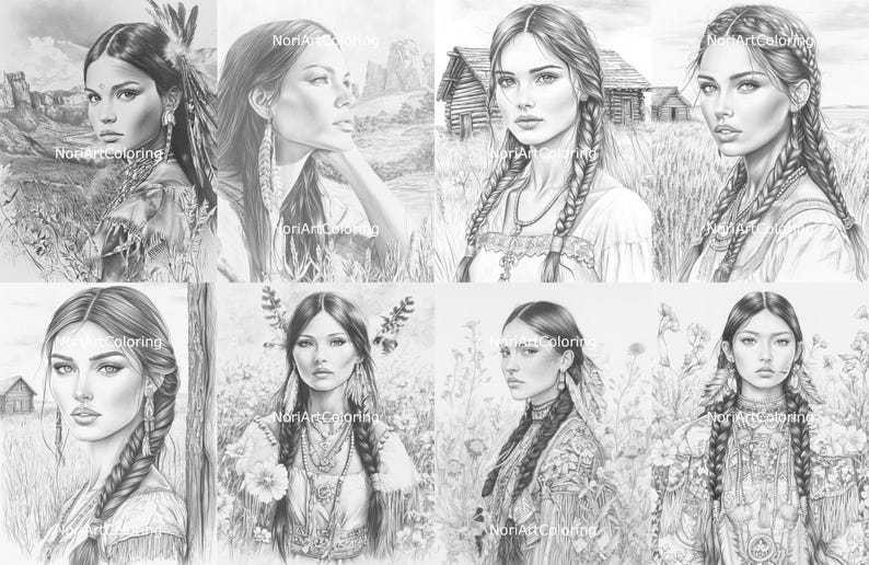 58 Native American Women and Men Grayscale Coloring Pages | Digital ...