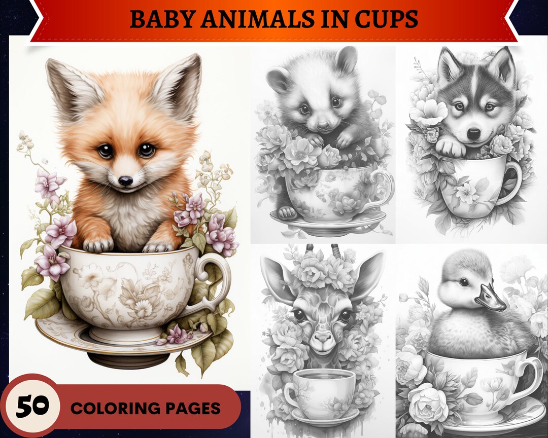 50 Baby Animals in Cups With Flowers (plus Bonus) Grayscale Coloring ...