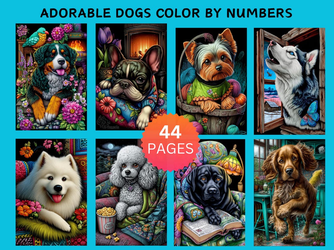 44 Adorable Dogs Color by Number Pages, Digital Coloring Book PDF JPG ...