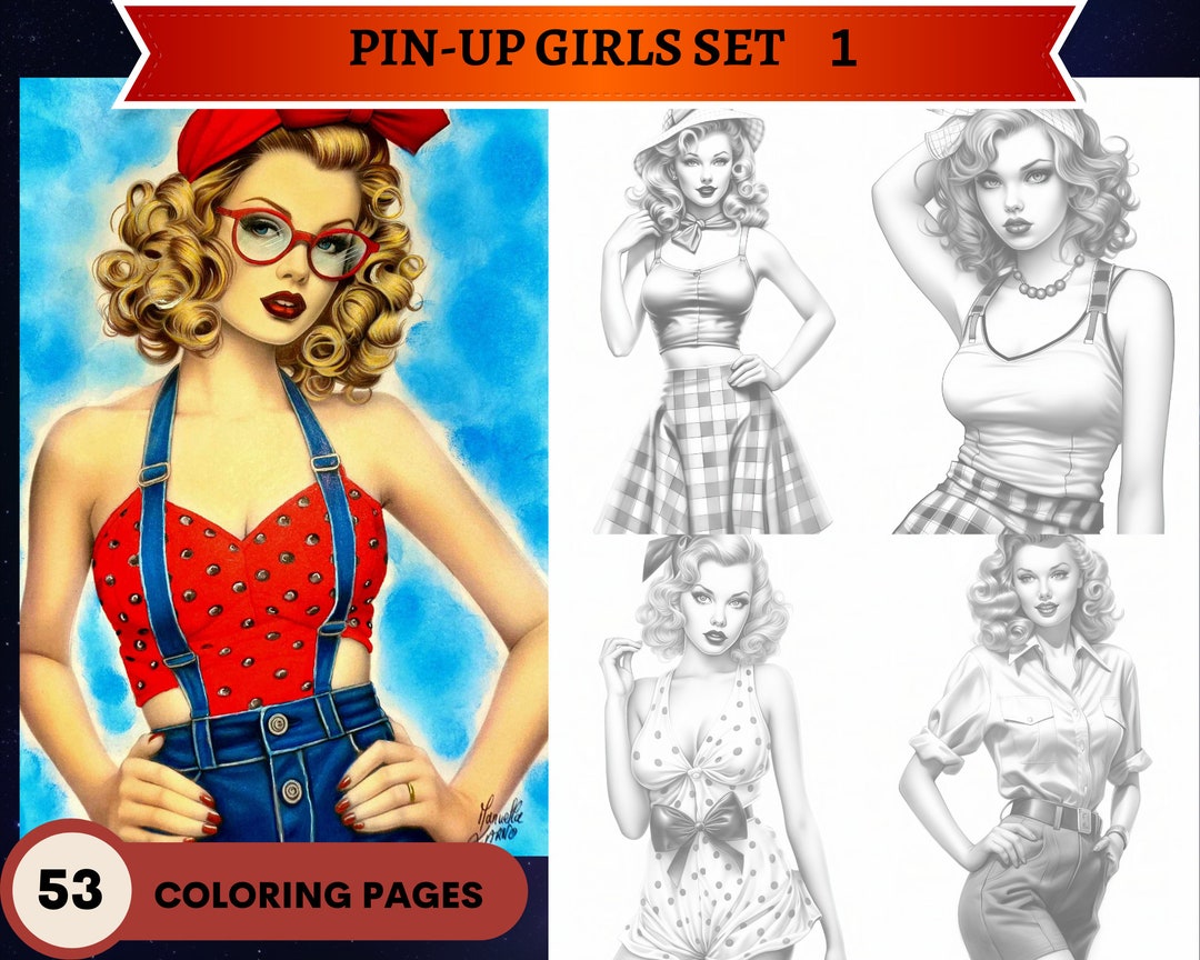 53 Pin-up Girls Grayscale Coloring Pages | '40s '50's Fashion Girls ...