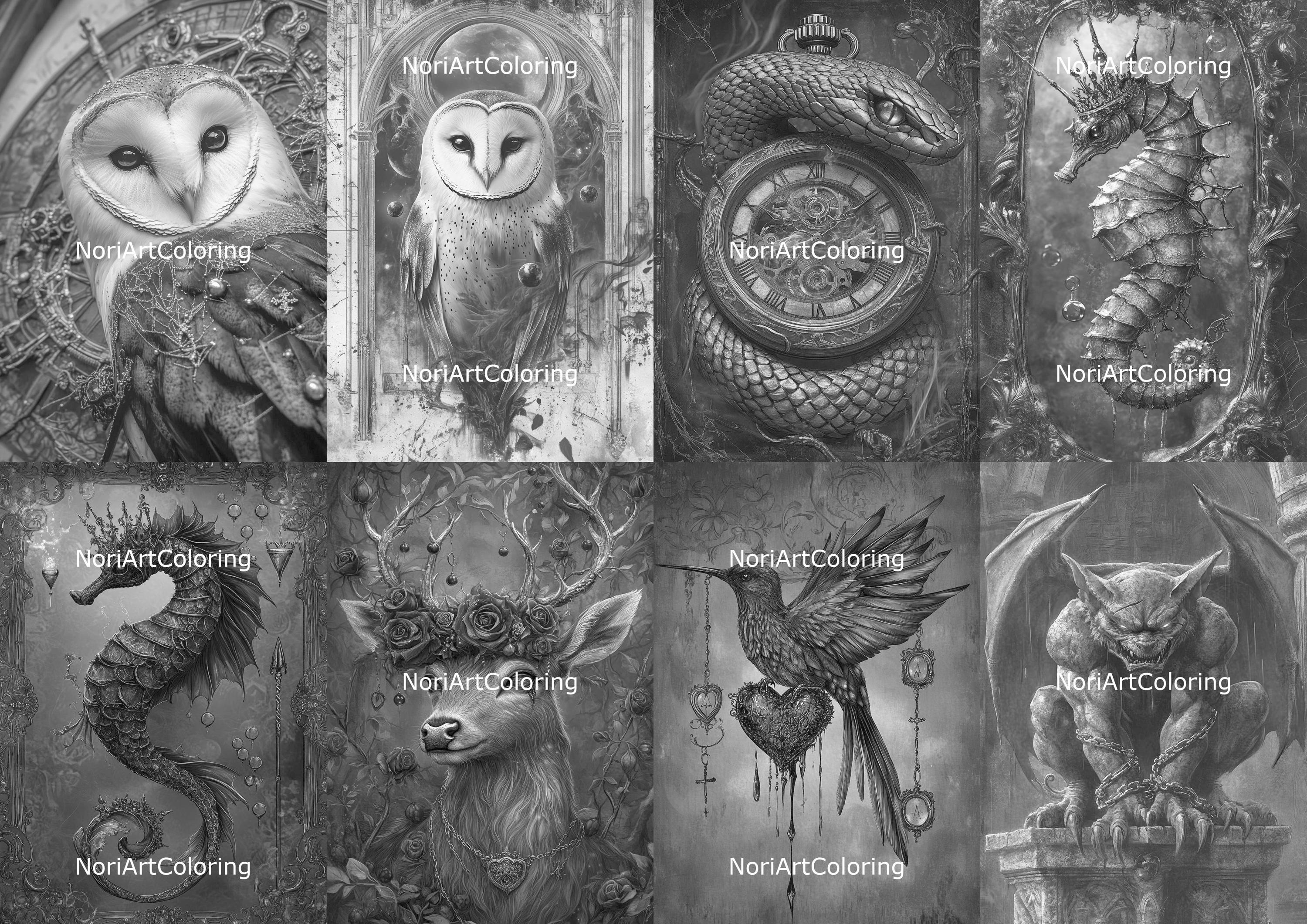 90 Gothic Animals Grayscale Coloring Pages for Adults | Instant ...
