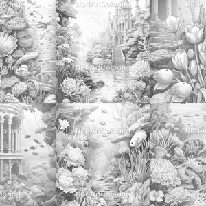 53 Underwater Gardens Grayscale Coloring Pages | Ocean Flowers Fishes ...