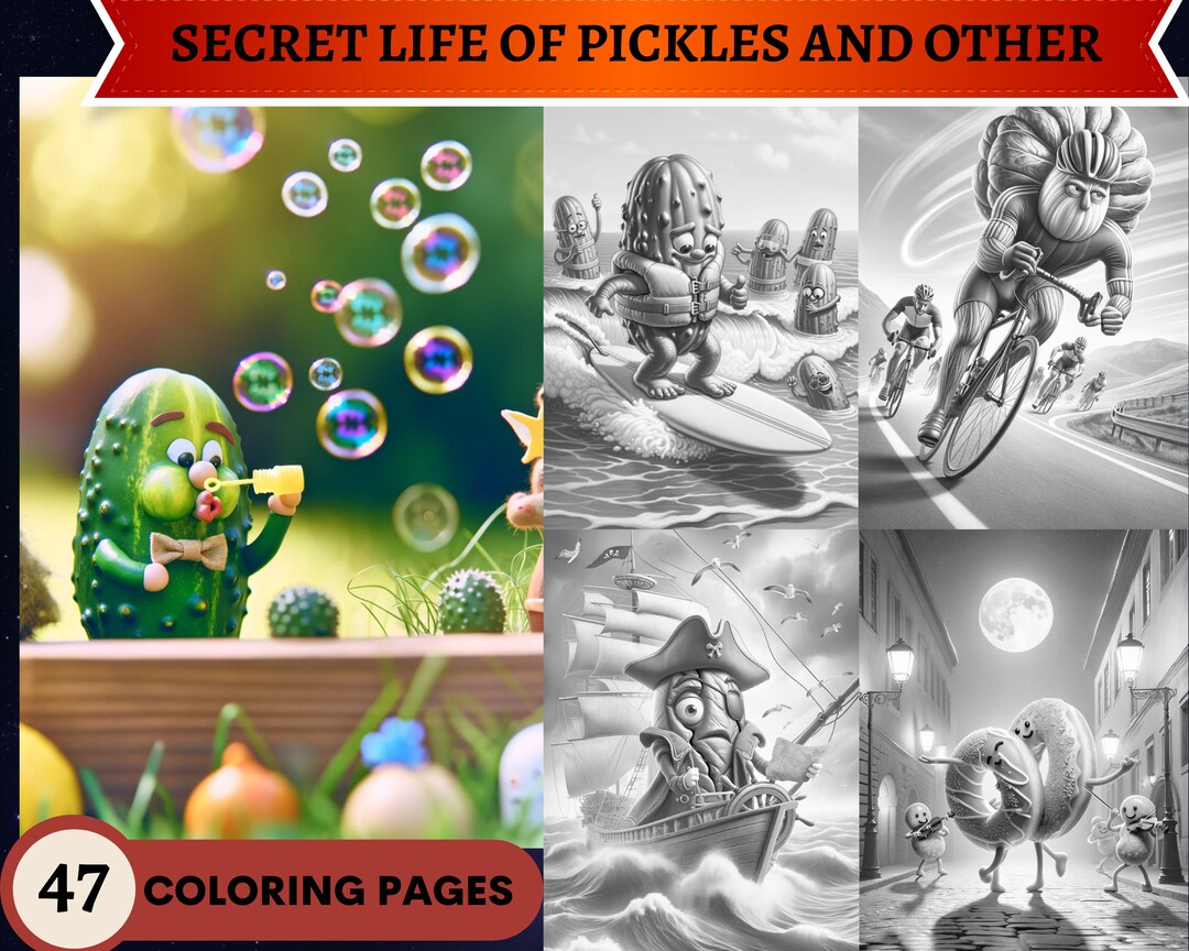 47 Secret Life of Pickles, Socks, Doughnuts, Veggies Grayscale Coloring ...