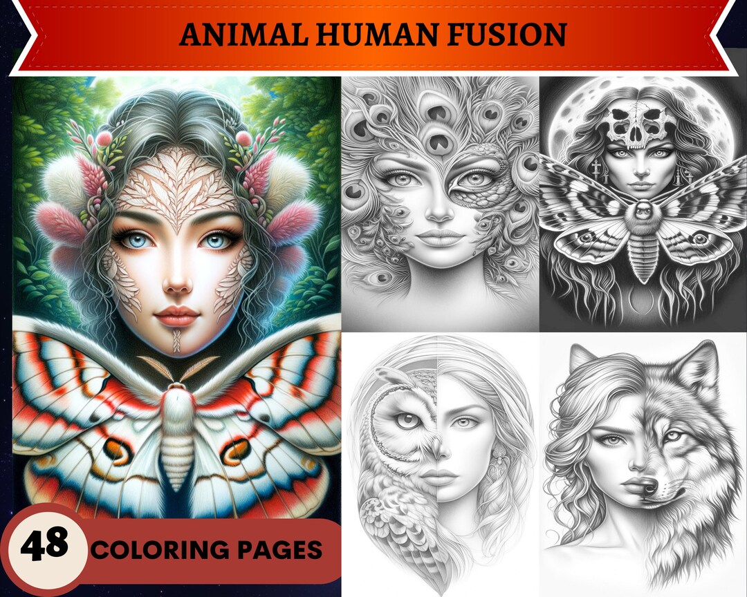 48 Animal Human Fusion Grayscale Coloring Pages | Printable Adult ...