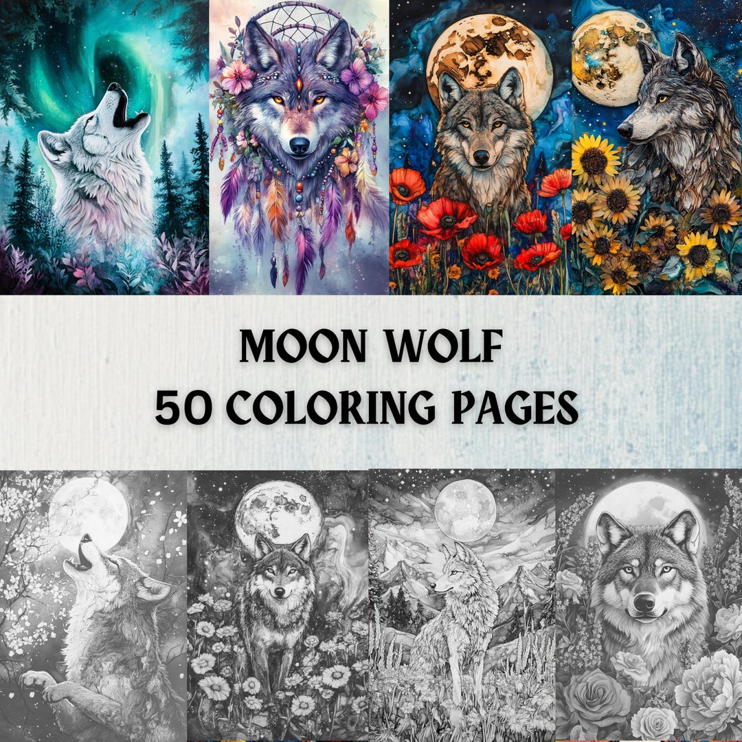50 Moon Wolf Paintings Grayscale Coloring Pages | Boho Wolves Flowers ...