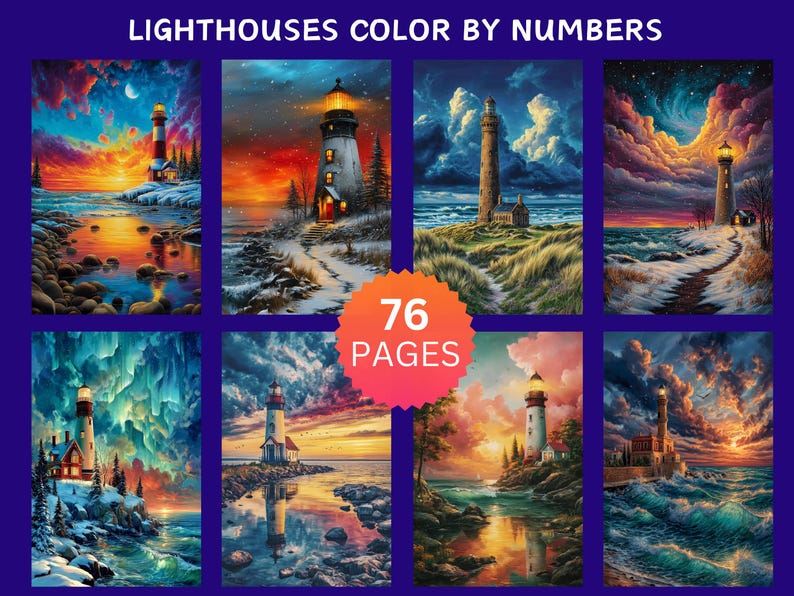 76 Lighthouses Color by Number Pages, Digital Coloring Pages, Paint by ...
