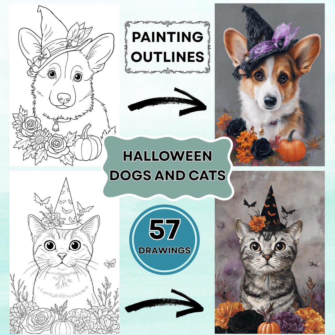 Outline Drawings Bundle, Halloween Cats & Dogs Painting Outlines, Pet ...
