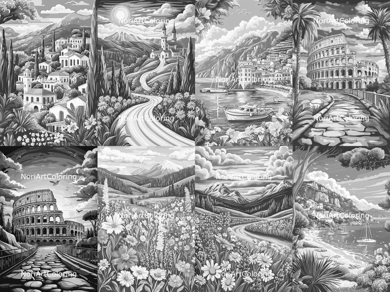 58 Travel Paintings Grayscale Adults Coloring Pages | Landscapes ...