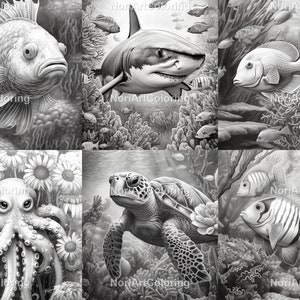 42 Ocean Life Grayscale Coloring Pages |otters Octopus Fishes Whales ...