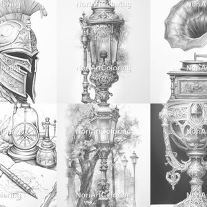 43 Antiques Grayscale Coloring Pages Set | Trucks Ships Typewriter ...