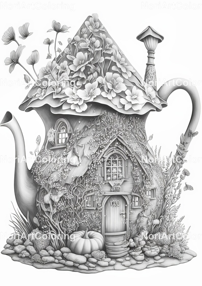 22 Grayscale Land Fairy Houses Coloring Book Set 2 | Printable Adult ...