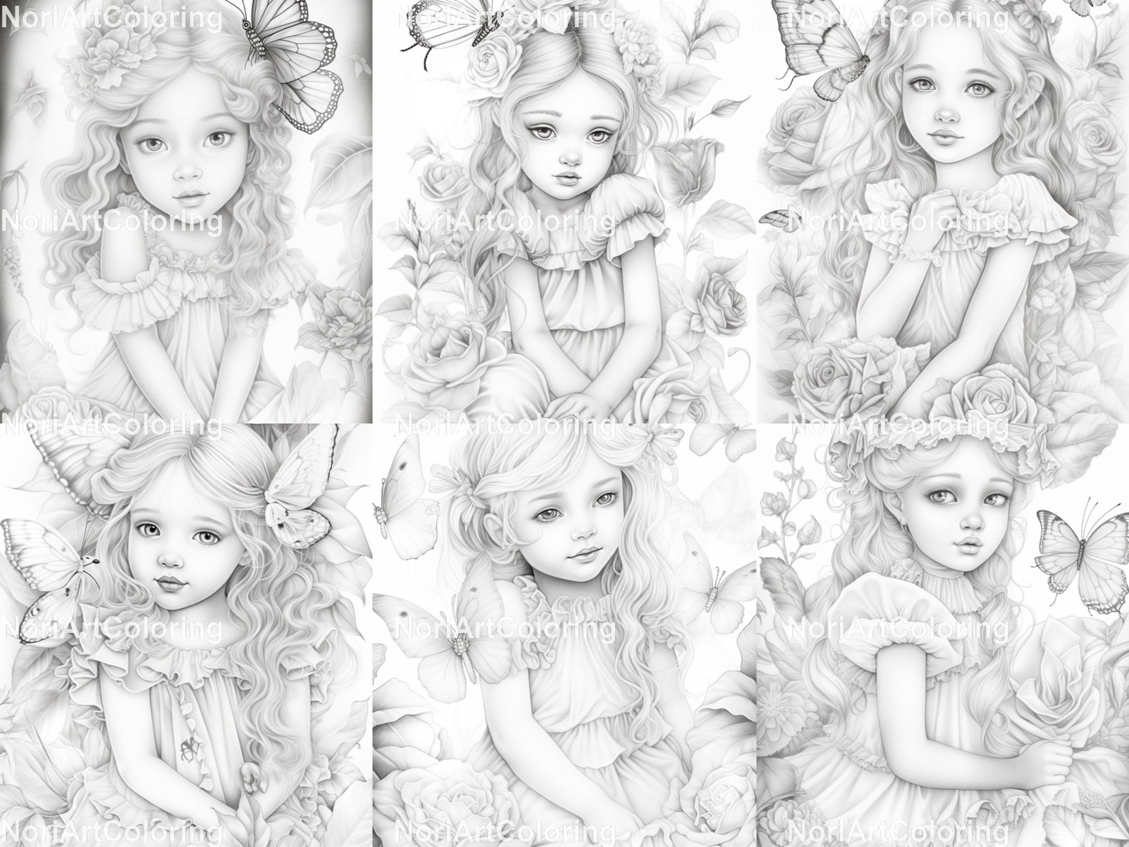 33 Little Girls With Flowers and Butterflies | Printable Adult Coloring ...