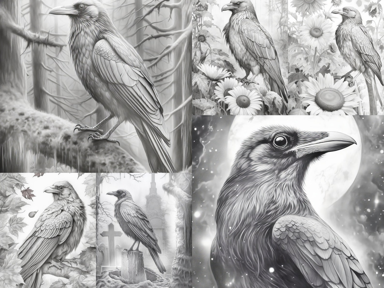 36 Ravens Grayscale Coloring Pages | Gothic Ravens Coloring Pages ...