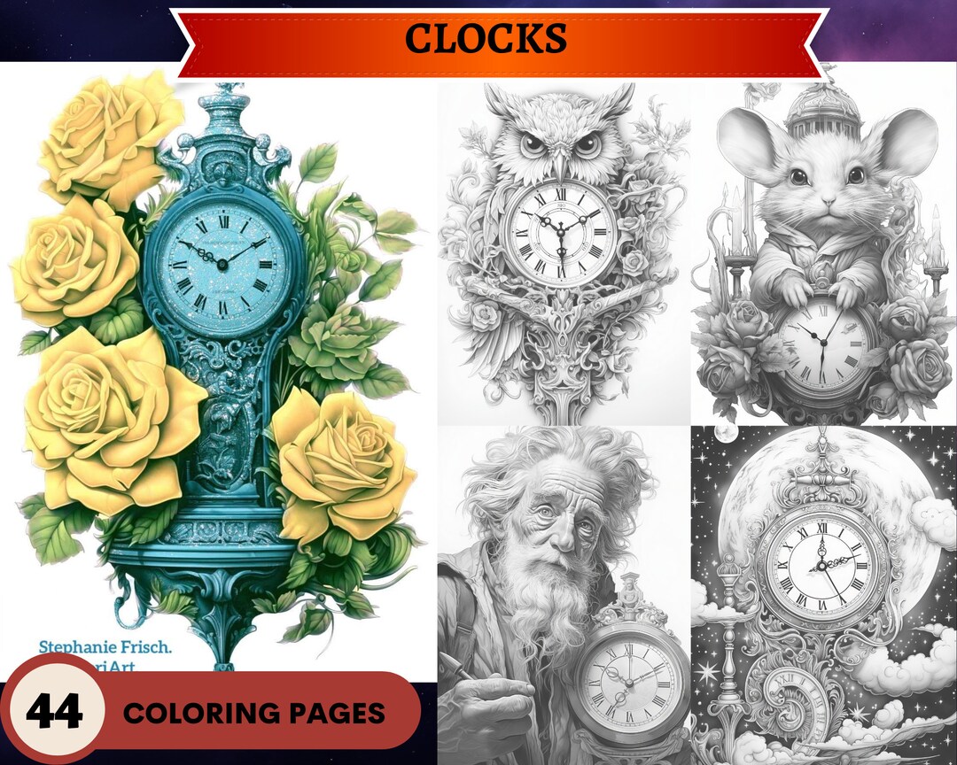 44 Clocks Grayscale Coloring Pages | Gothic Clocks | Clocks With ...