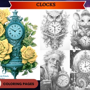 44 Clocks Grayscale Coloring Pages | Gothic Clocks | Clocks With ...