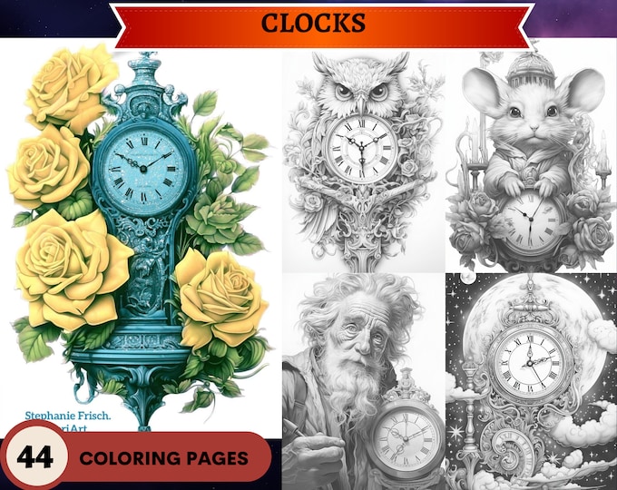 44 Clocks Grayscale Coloring Pages Gothic Clocks Clocks With Flowers ...