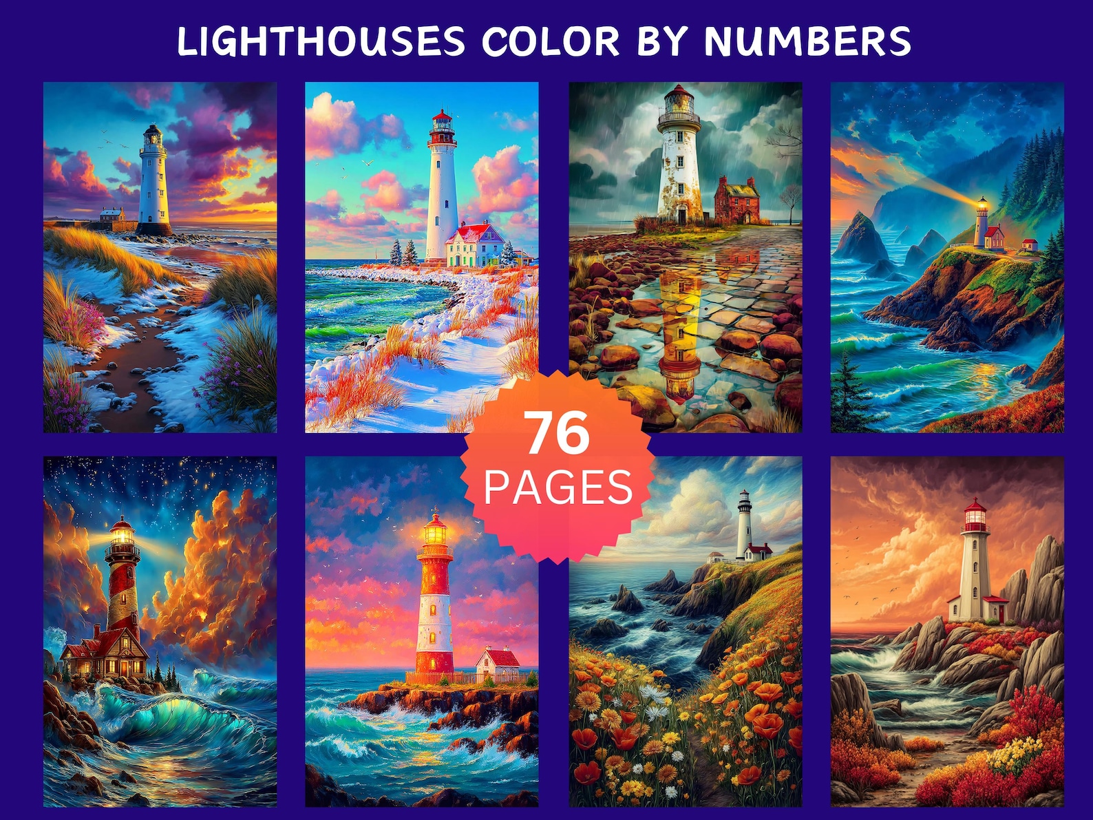 76 Lighthouses Color by Number Pages, Digital Coloring Pages, Paint by ...