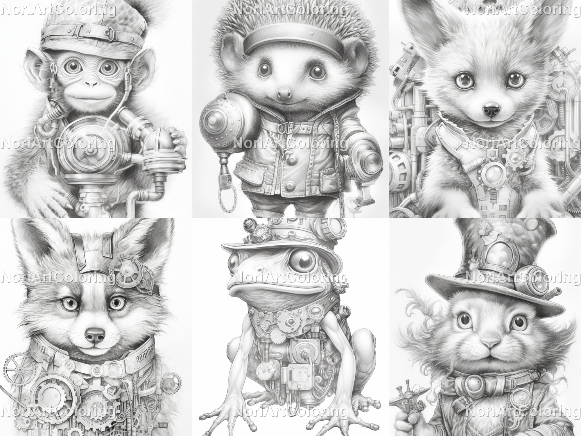 28 Steampunk Baby Animals Set 2 Grayscale Coloring Pages - Etsy