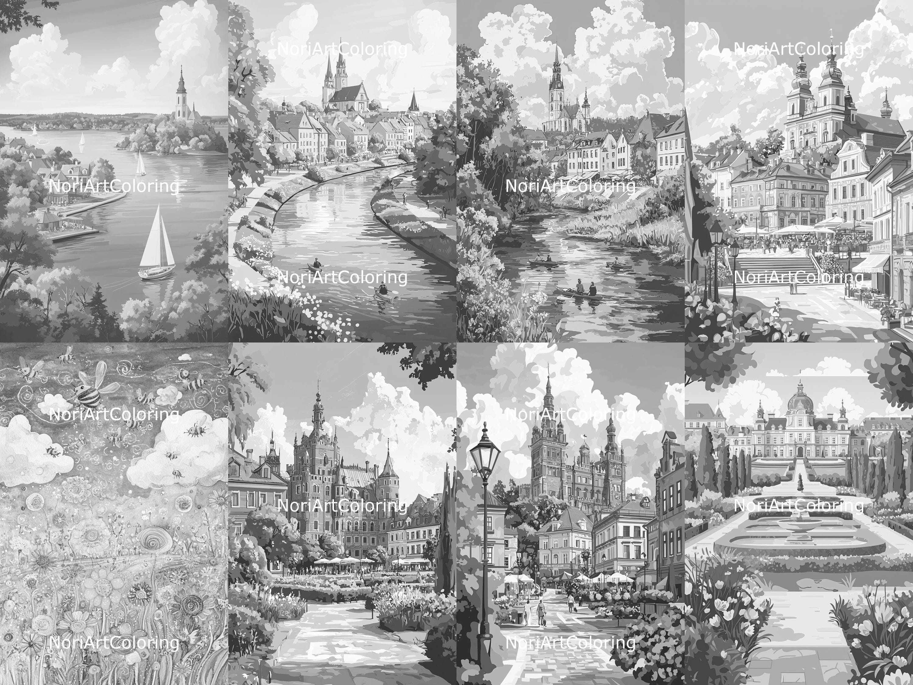 58 Travel Posters Grayscale Adults Coloring Pages | Landscapes ...