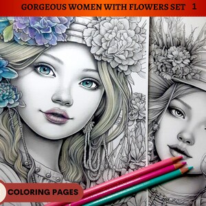 30 Gorgeous Women With Flowers Set 1 Coloring Pages | Printable Adult ...