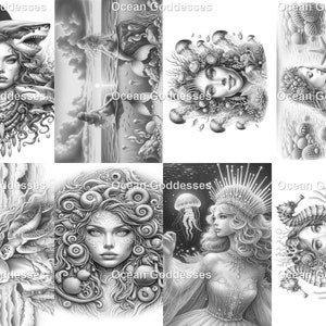 65 Ocean Goddesses Grayscale Coloring Pages | Printable Adult Coloring ...