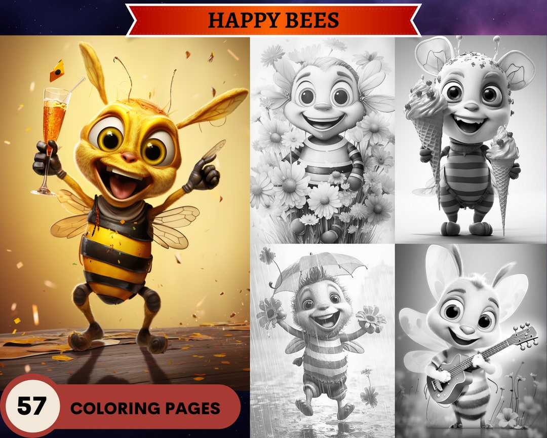 57 Happy Bees Grayscale Coloring Pages | Cartoon Coloring Pages ...