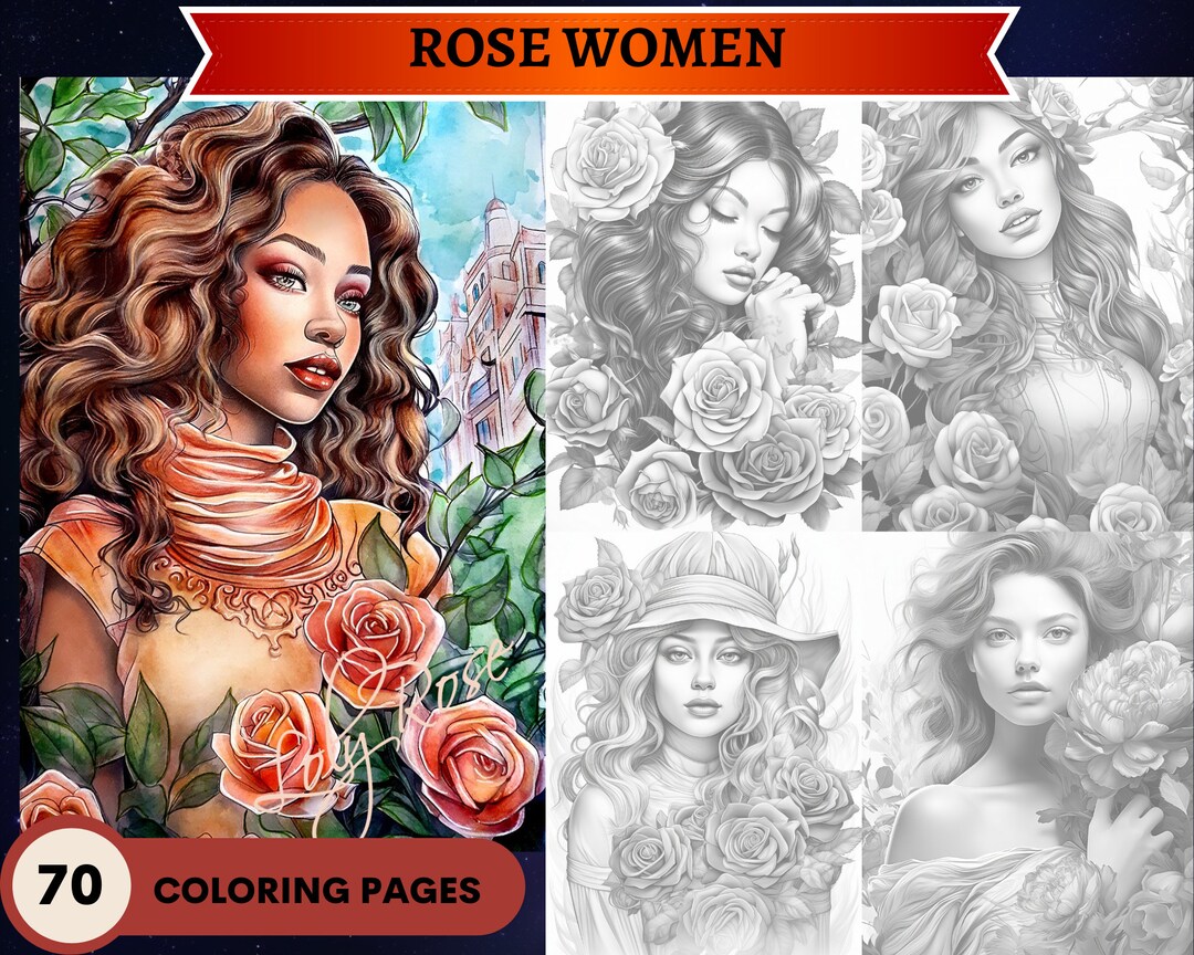 70 Women With Roses Grayscale Coloring Pages | Women With Flowers ...