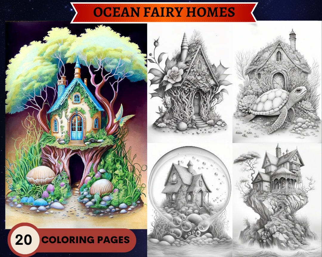 20 Grayscale Ocean Fairy Houses Coloring Book Set 1 | Printable Adult ...