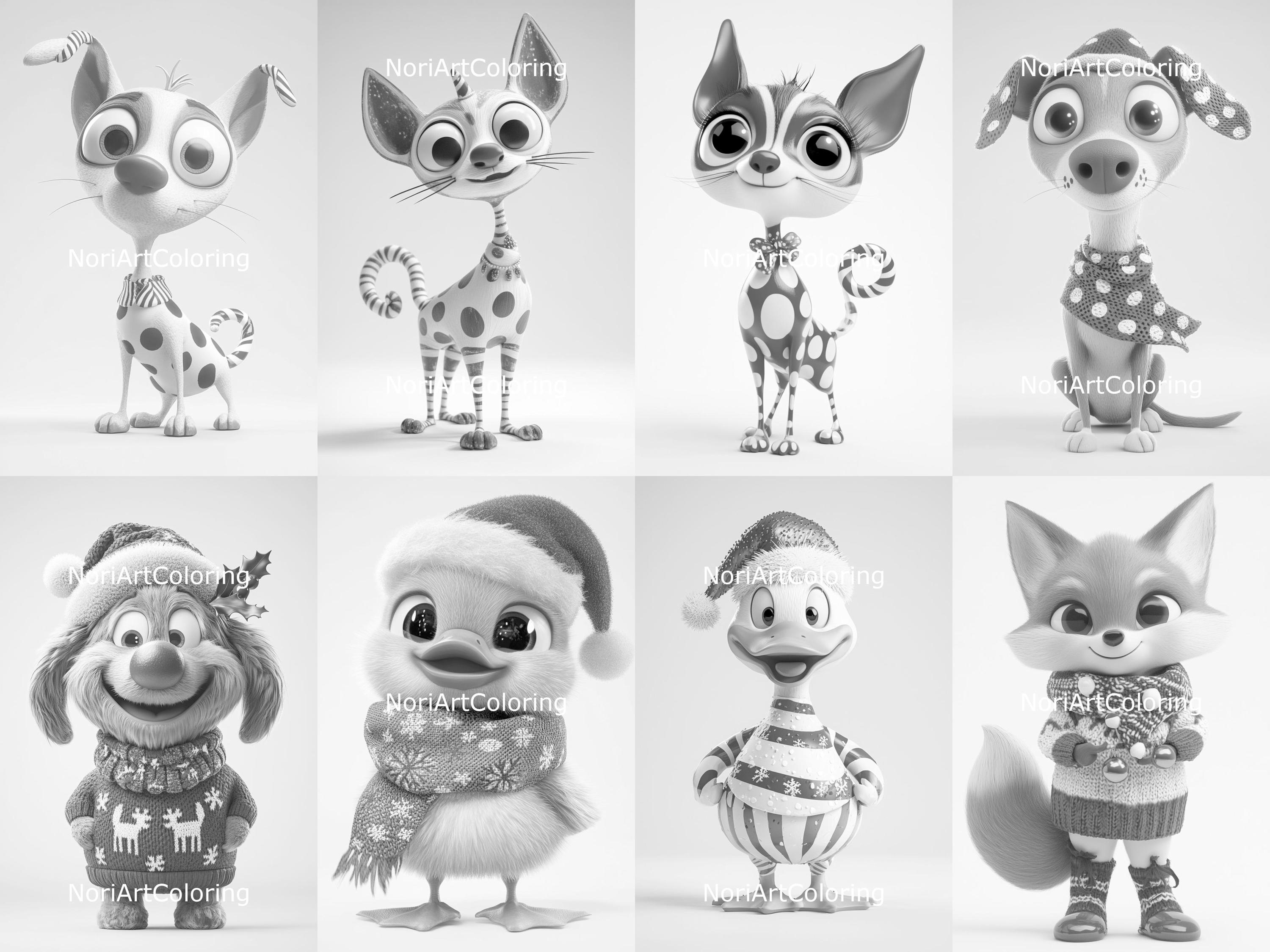 100 Whimsical Christmas Animals Grayscale Coloring Pages for Adults ...