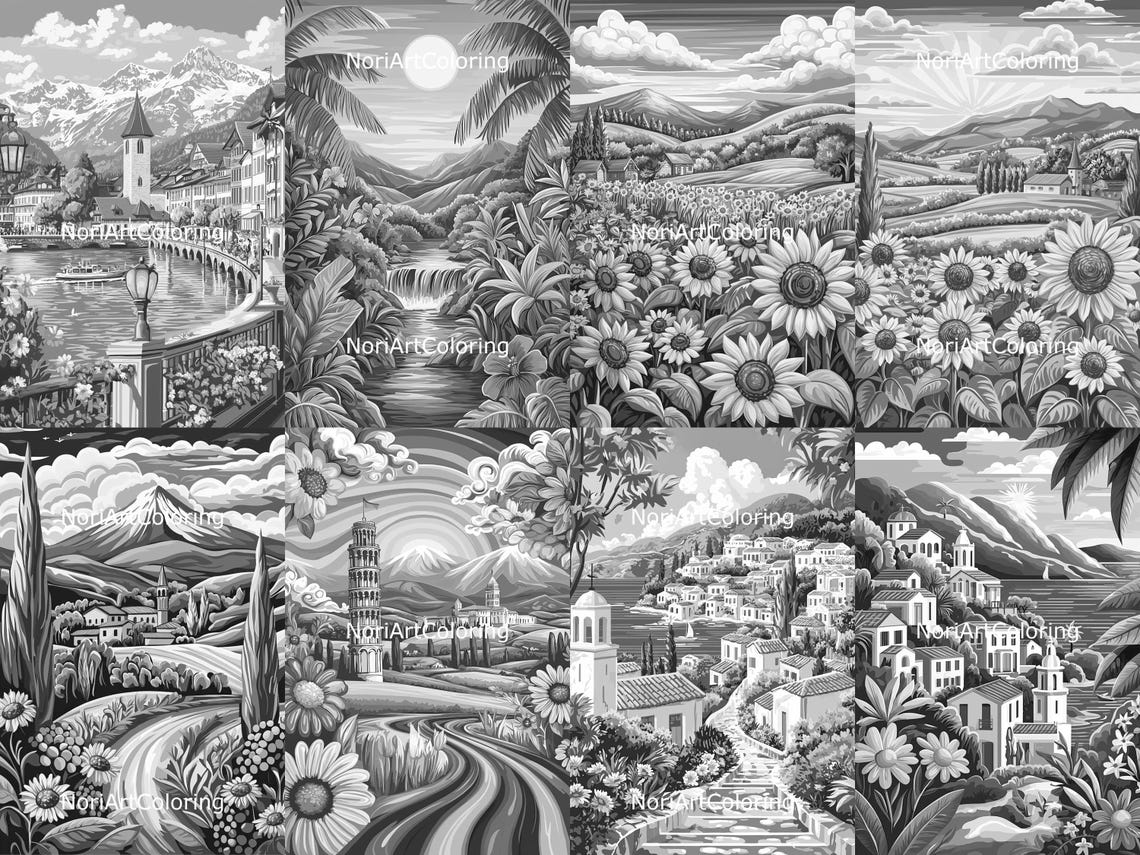 58 Travel Paintings Grayscale Adults Coloring Pages | Landscapes ...