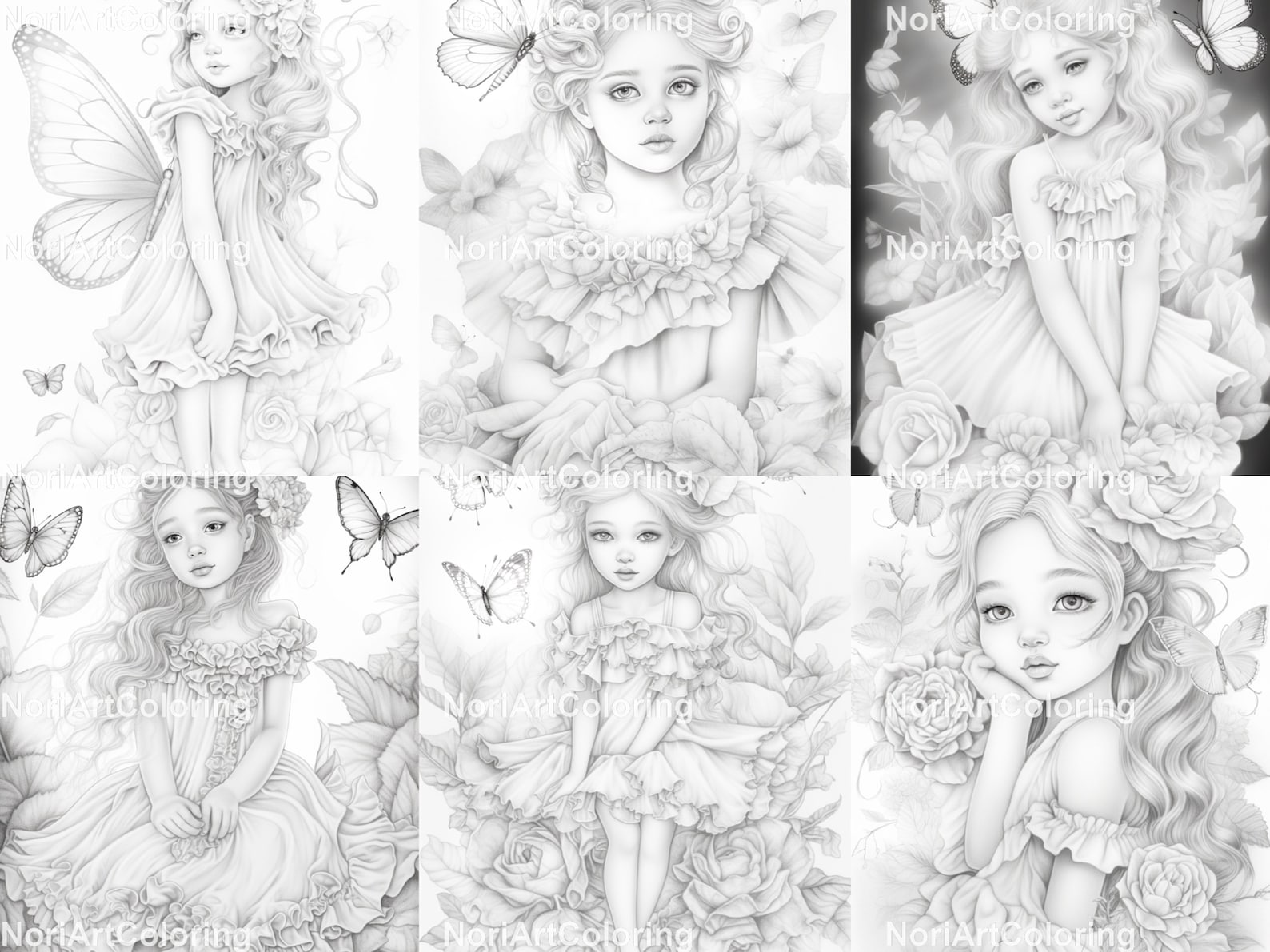 33 Little Girls With Flowers and Butterflies | Printable Adult Coloring ...