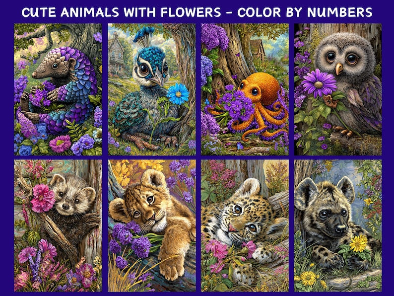 50 Cute Animals With Flowers Set 1 Color by Number Pages, Digital ...